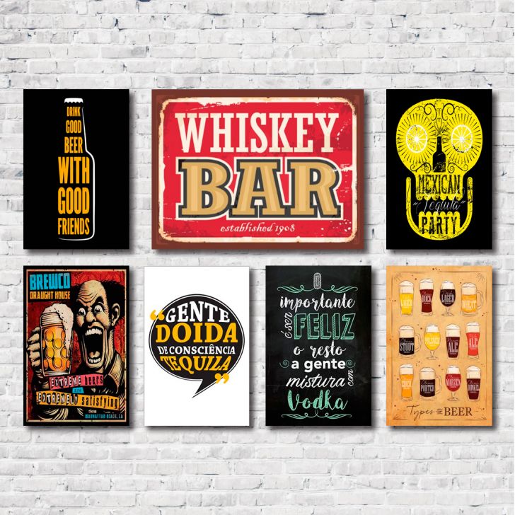 Kit Placas Decorativas Bebidas Frases Vintage Mdf - 7 Placas Kit Placas Decorativas Bebidas Frases Vintage Mdf - 7 Placas