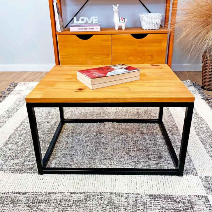 Mesa de Centro Retangular de Ferro e Madeira Style Industrial Carvalho e Preto