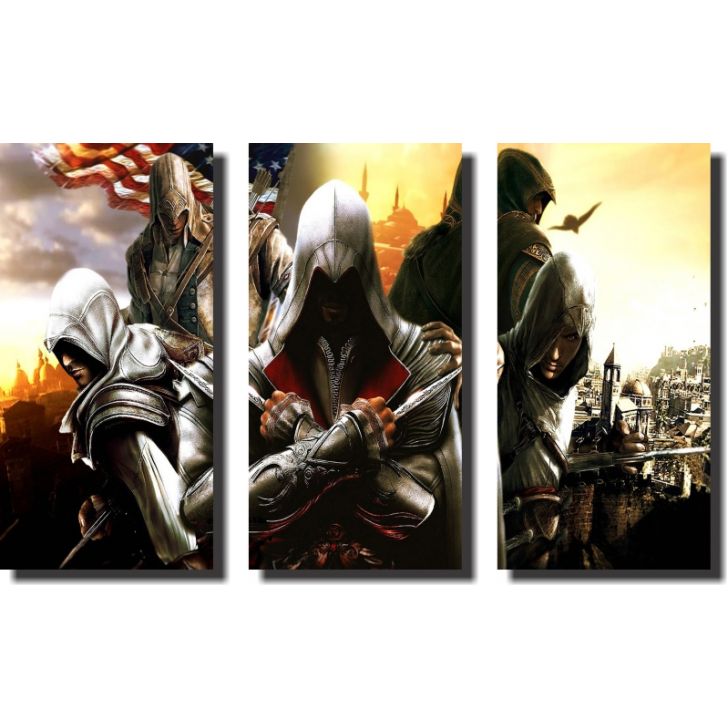 Quadro Decorativo Assassins Creed Eua 3 Peças Para Sala
