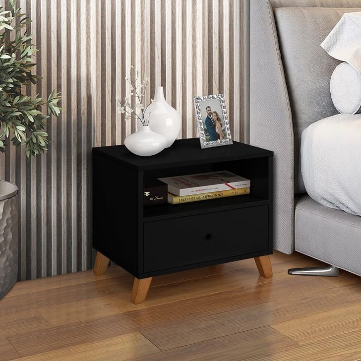 Mesa De Cabeceira Retro 1 Gaveta E 1 Nicho Preto Brunei
