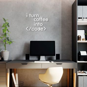 Frase de Parede Dev I turn coffee into Code 120x95 Branco