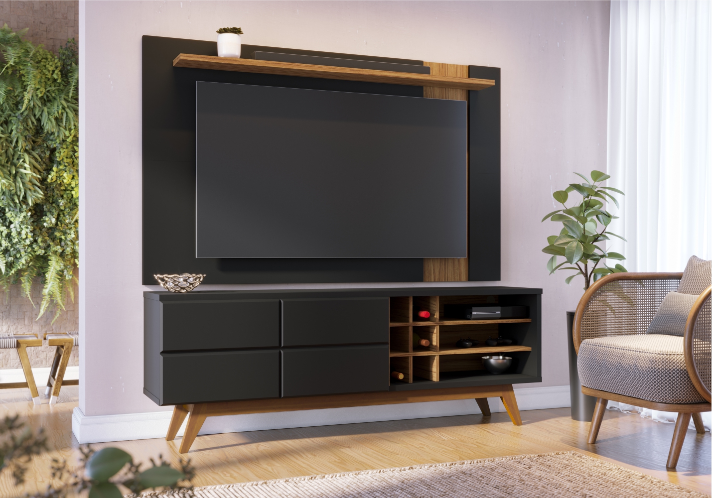 Rack e Painel para TV 70 Polegadas Igor Preto Fosco Noce Milano