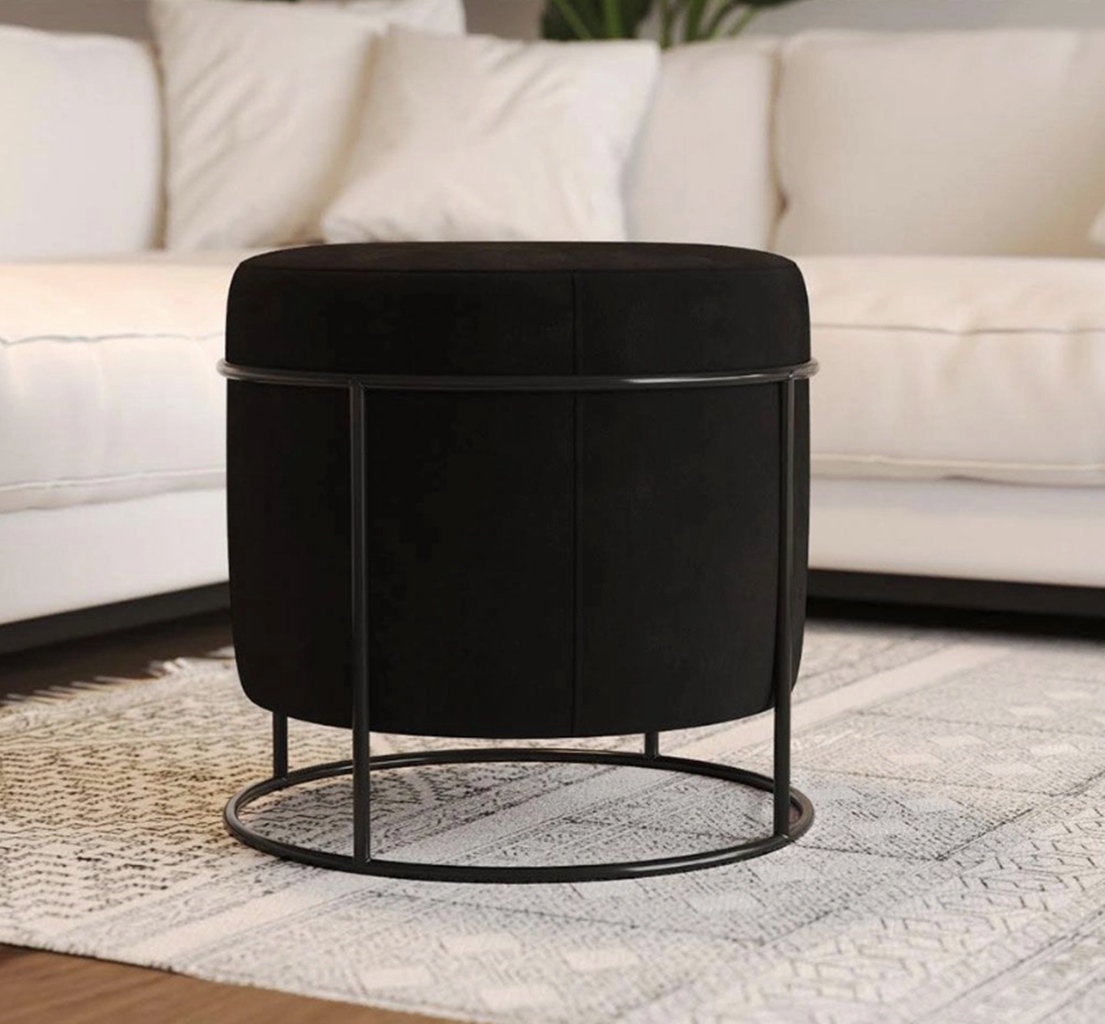 Puff Redondo Sala de Estar Preto Suede Preto