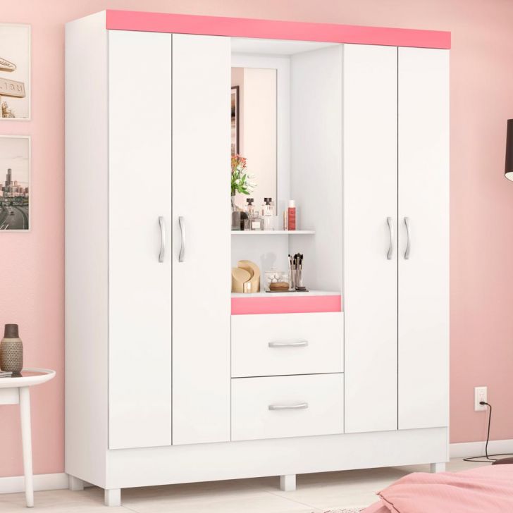 Guarda Roupa Capelinha 4 Portas 42220 Branco Rosa Flex Demobile