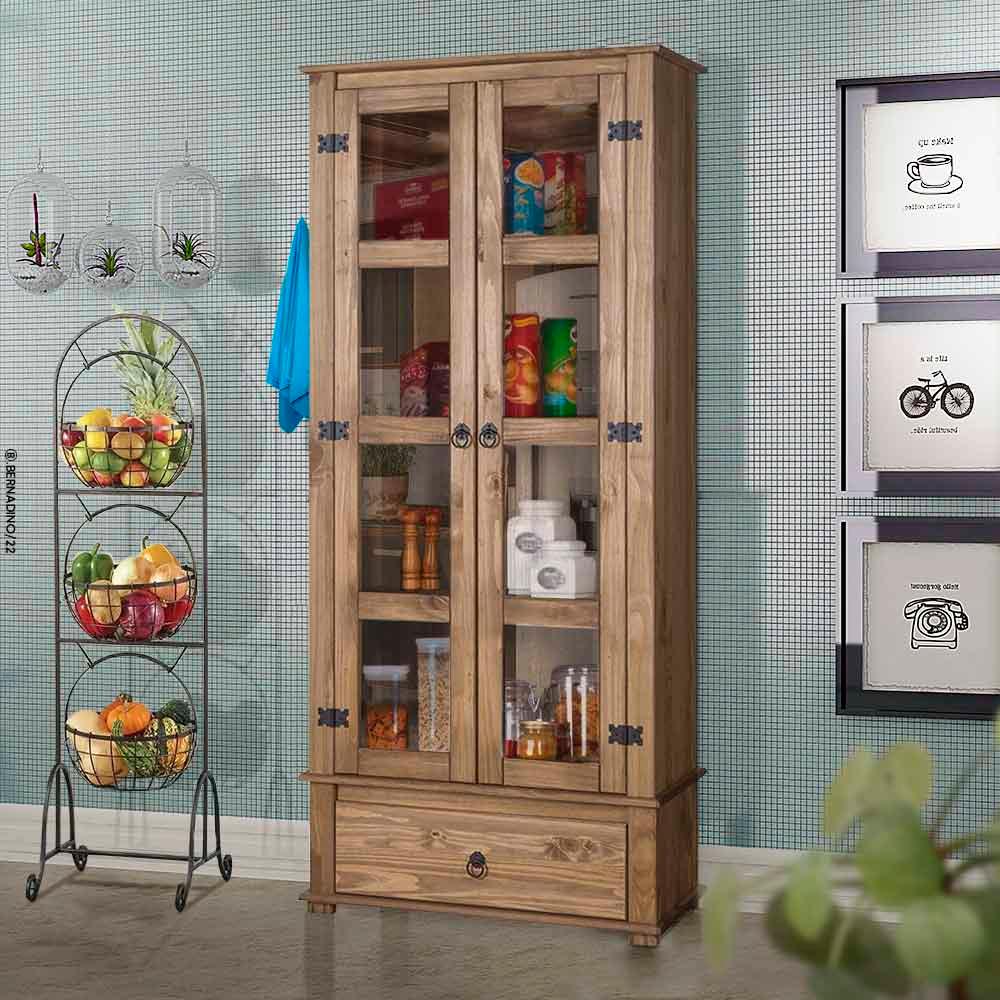 Armário Dispensa 2 Portas Em Vidro Madeira Maciça Mel JM Móveis