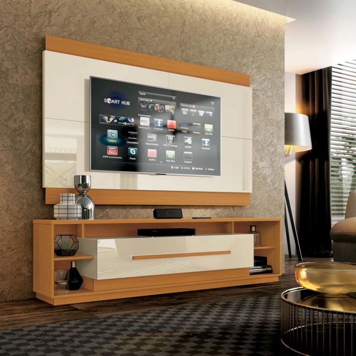 Rack Império com Painel Legacy Off White com Cedro Natural - EDN Móveis