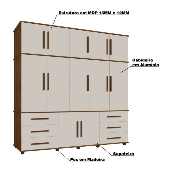Guarda Roupa 12 Portas 6 Gavetas e Sapateira Darwin Malbec/Off White ...