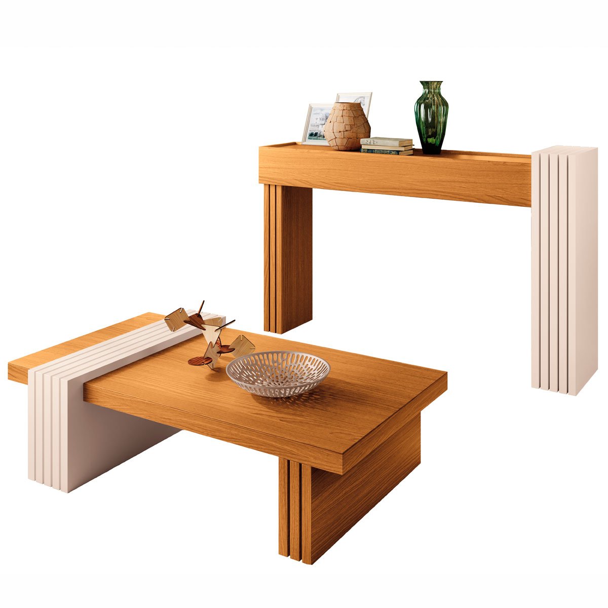 Kit Mesa de Centro Retangular Ripada Luana com Aparador Ripado Asta Cinamomo/Off White