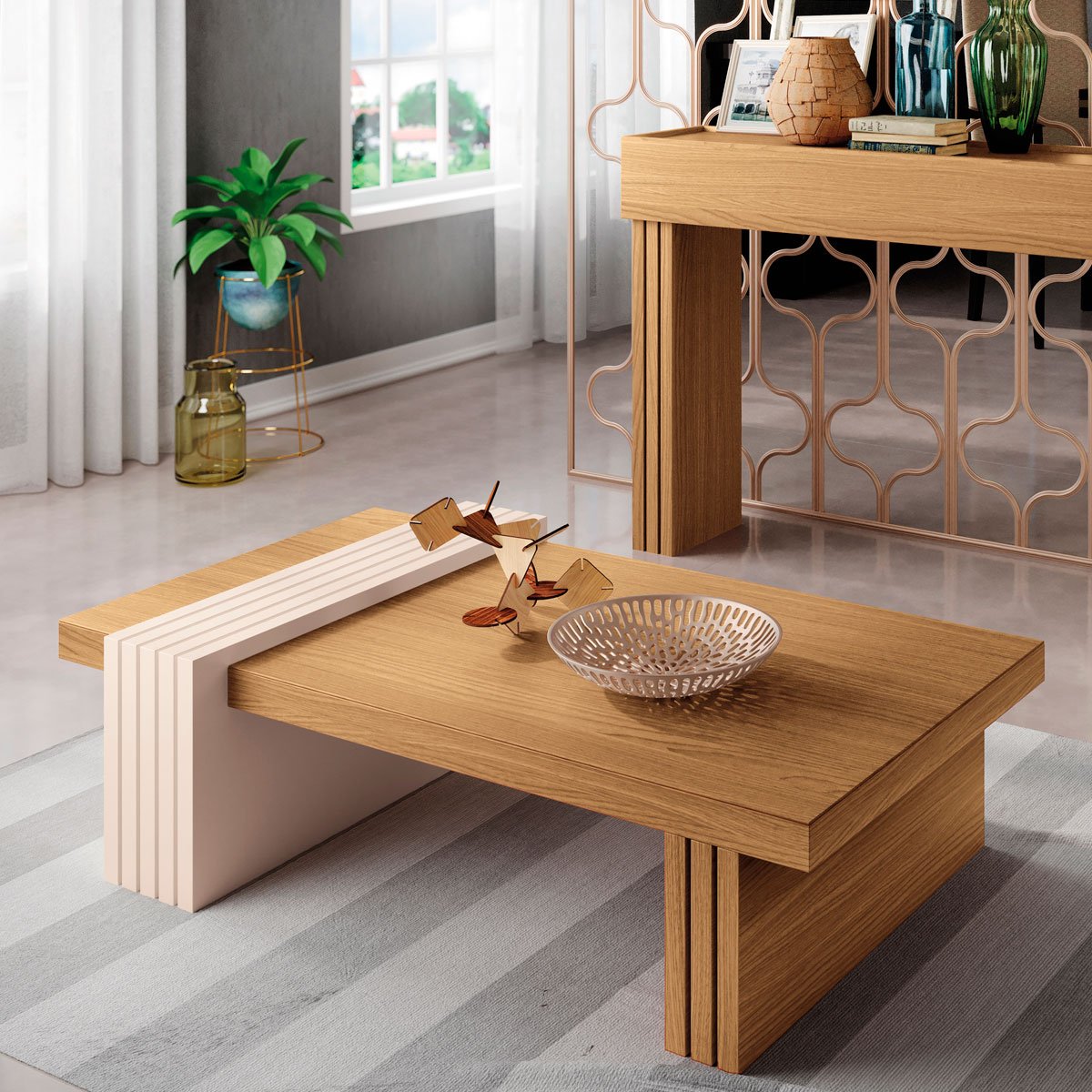 Mesa de Centro Retangular Ripada para Sala de Estar Luana Freijo/Off White