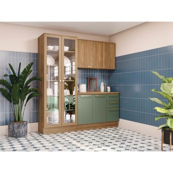 Cozinha compacta Botanic com Vidro 7 Portas 4 Gavetas Nogueira e Verde