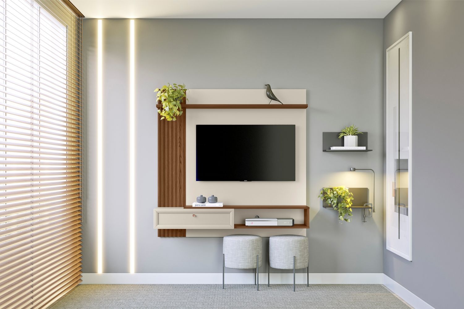 Painel para TV Borussia com Ripas Freijo Off White