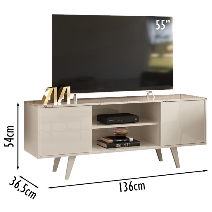Bancada Rack TV 55 Polegadas 136cm 3951 Calacata Off White MDT