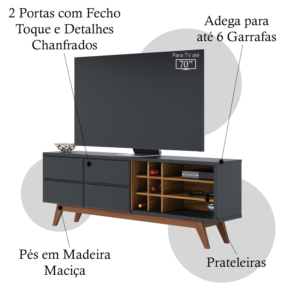 Bancada Rack Para TV 70 Polegadas Com Adega Noronha Preto Noce Milano CLB