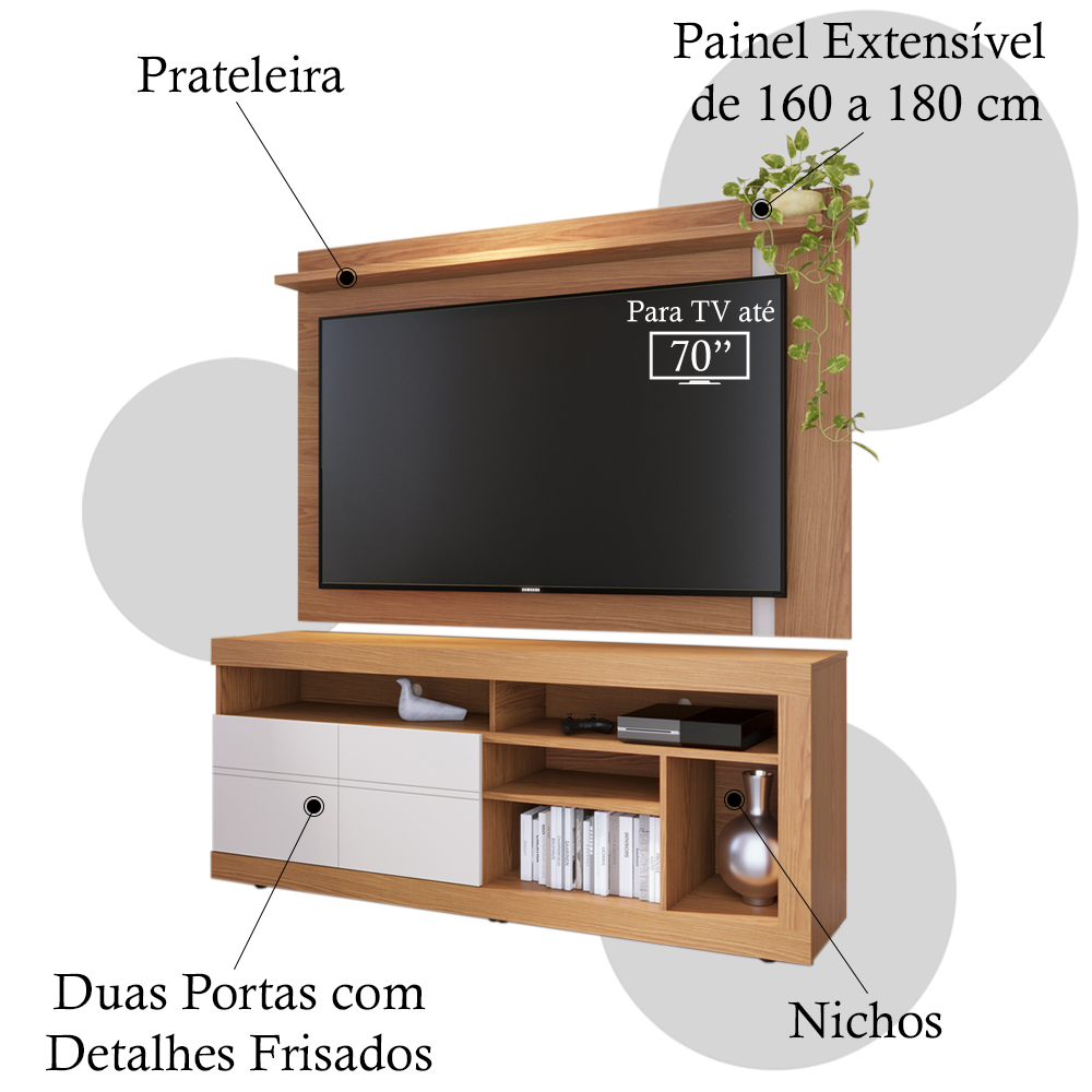 Rack 2 Portas Inaja E Painel TV 70 Polegadas Leme Freijo Off White Matte CLB
