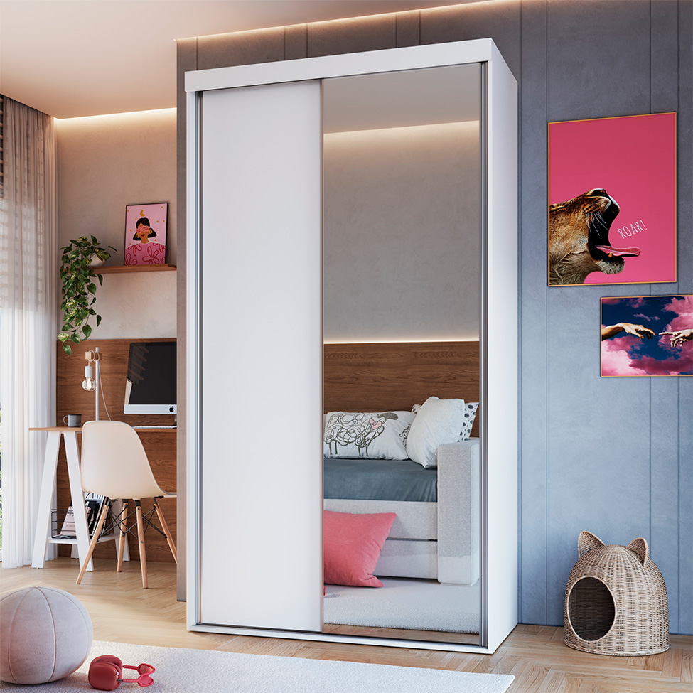 Guarda-Roupa Solteiro com Espelho Khaterine 2 PT 2 GV Branco