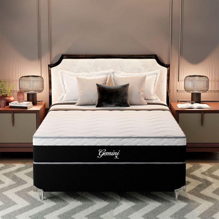 Cama Box Casal Gemini com Colchão Casal Molas Ensacadas Grafite e Branca