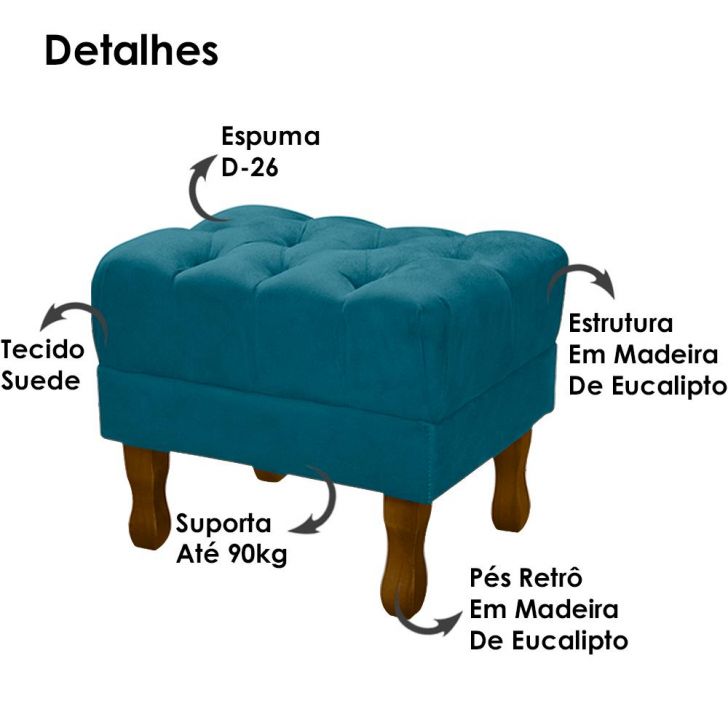 Kit 2 Puff Puf Retro Capitone 52x44cm Suede Azul Turquesa MPassos