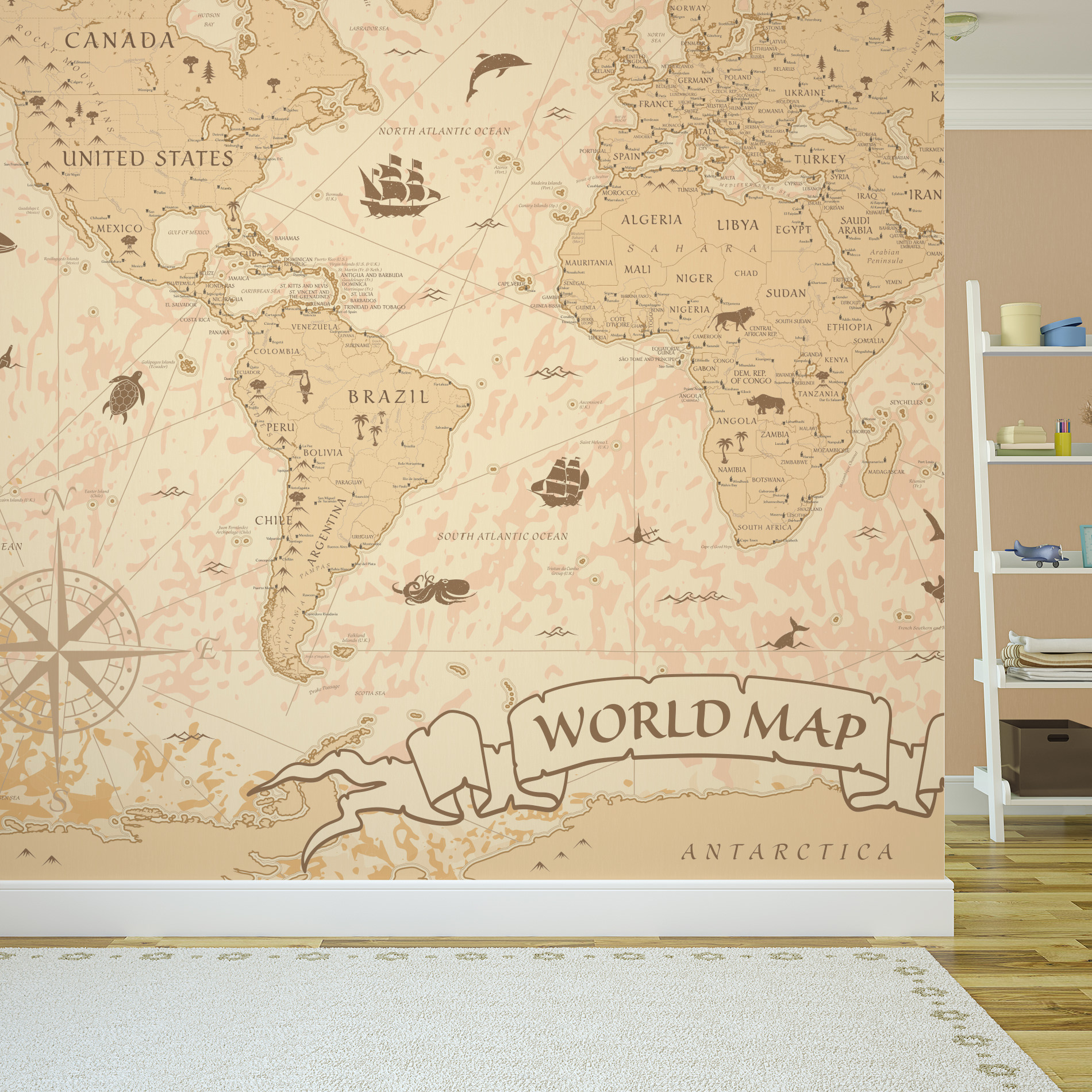 Papel de Parede Mapa Mundi Vintage Painel Vinil 4 rolos 6m²