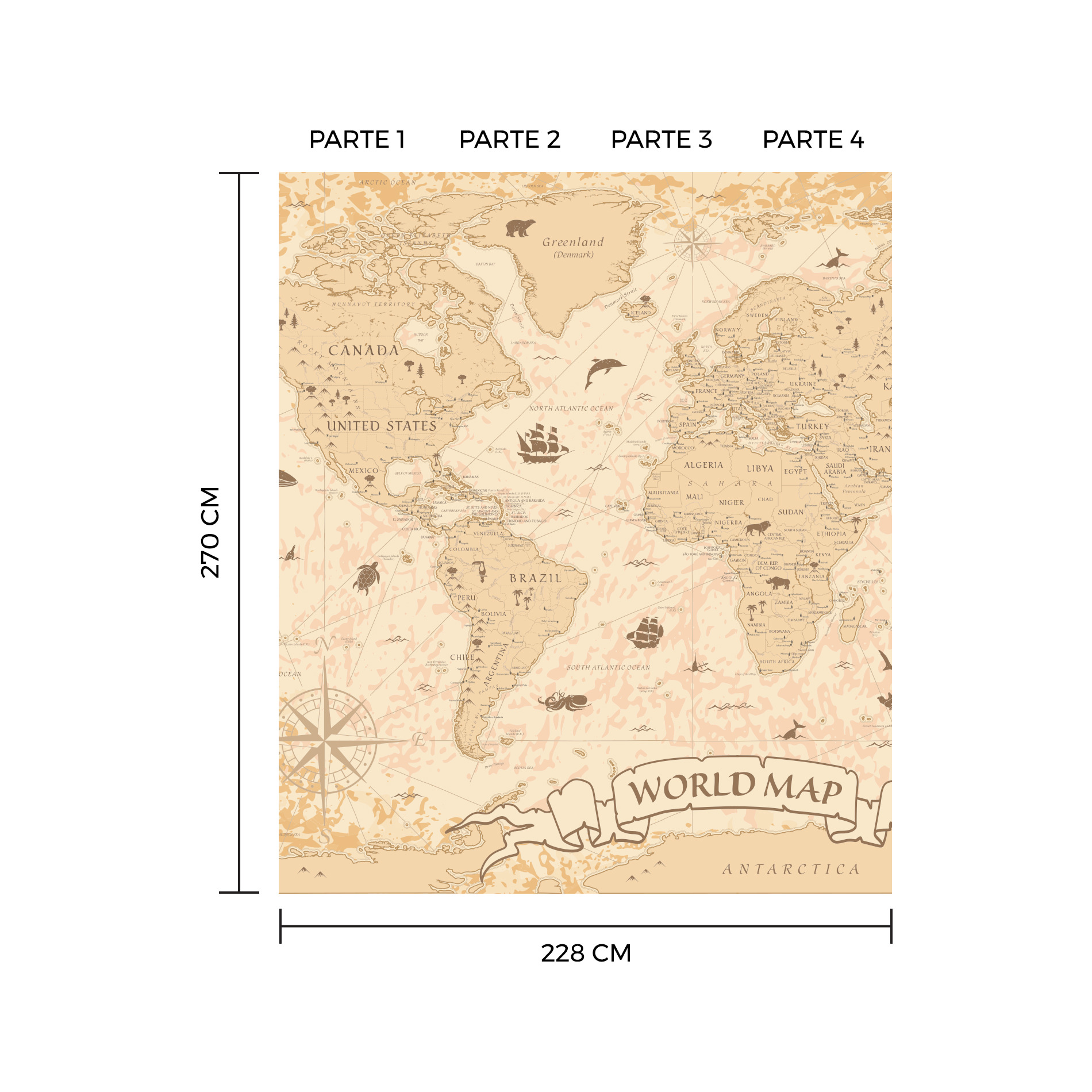 Papel de Parede Mapa Mundi Vintage Painel Vinil 4 rolos 6m²