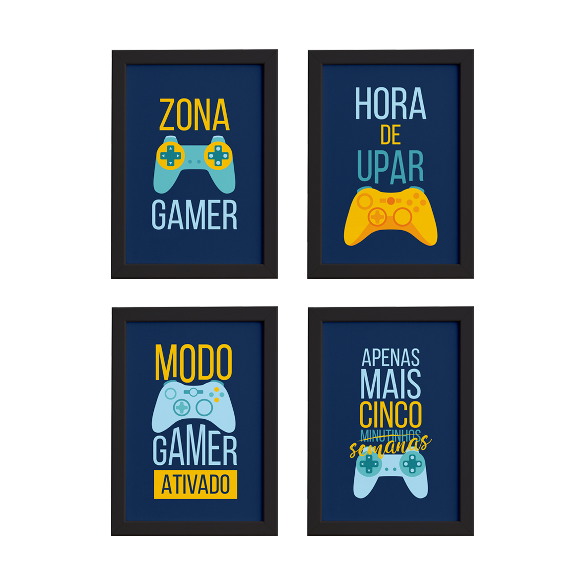 Quadros para Quarto Gamer Jovem 4un Moldura Preta 22x32cm