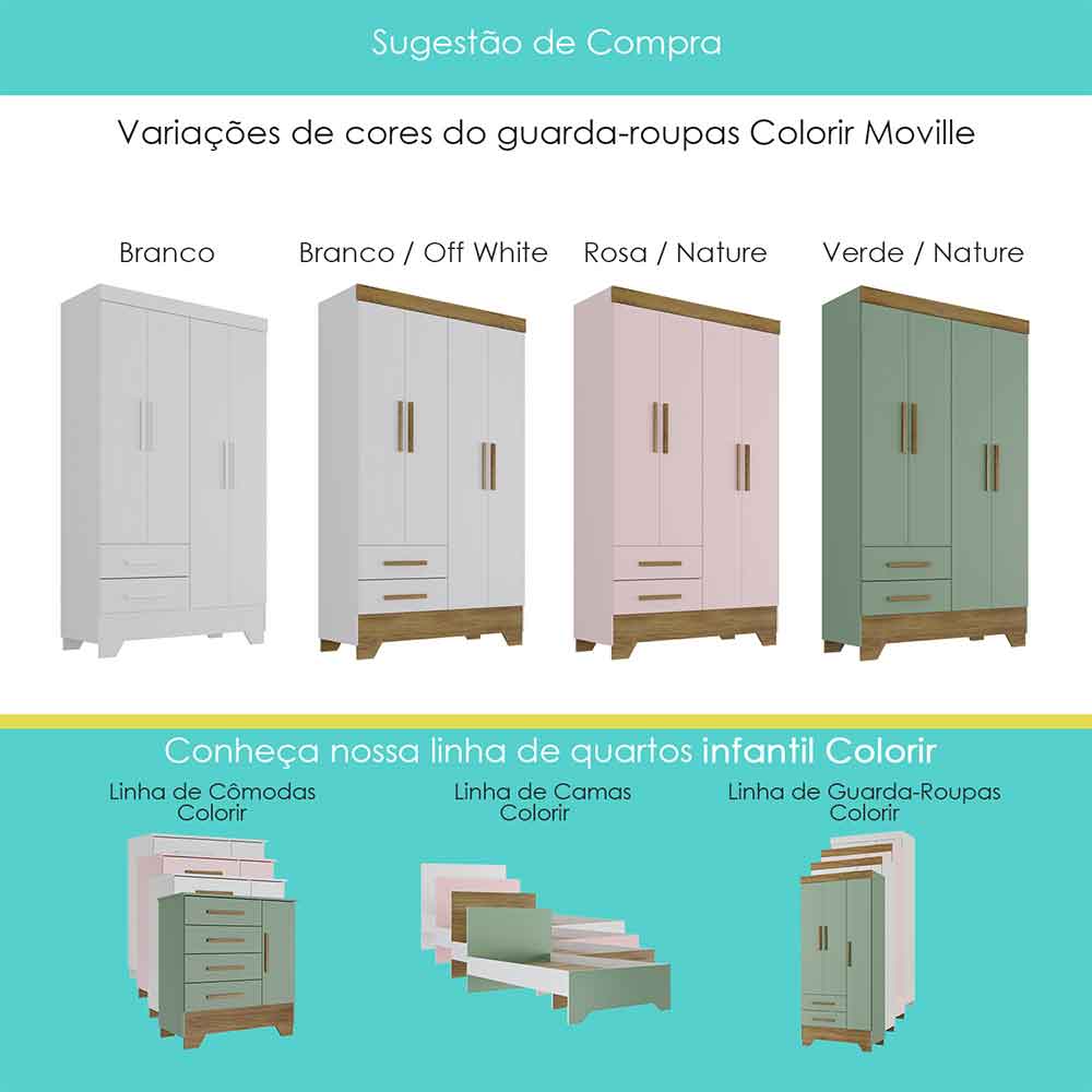 Guarda Roupa Infantil Colorir 4 Portas 2 Gavetas Branco/ Nature - Moville