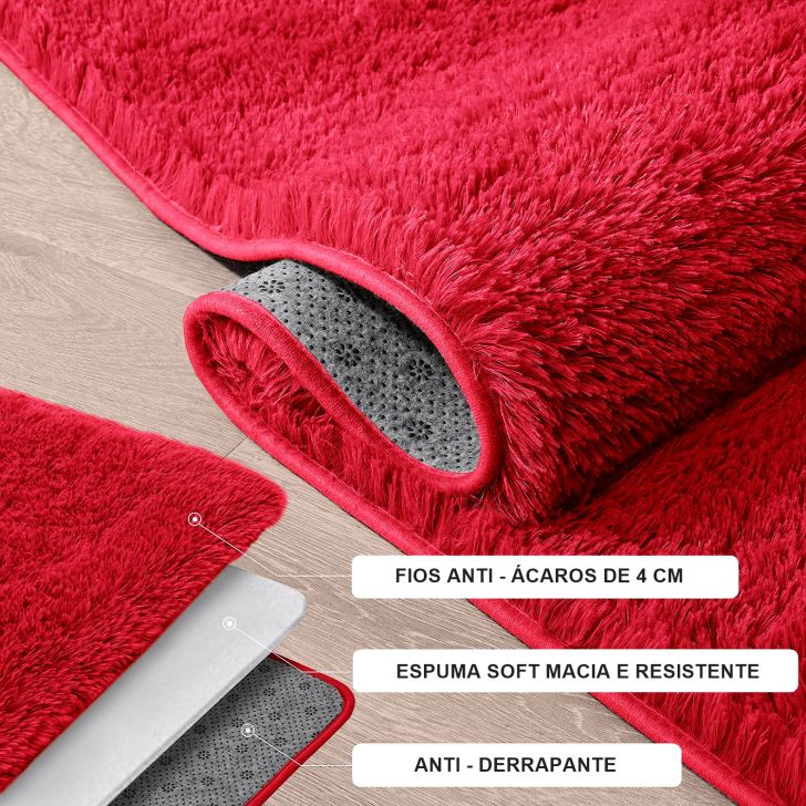 Tapete Pelo Alto Felpudo Macio Anti Derrapante Anti Alérgico Vermelho ...