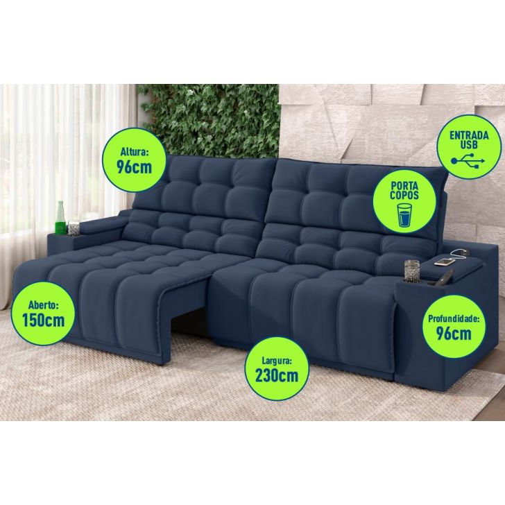 Sofá Connect Premium 2,30m Assento Retrátil/Reclinável com porta copos ...