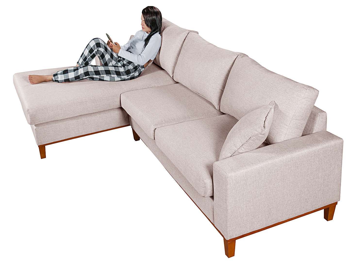 Sofa Living California 4 Lugares Chaise Lado Direito Revestido Linho Base Madeira