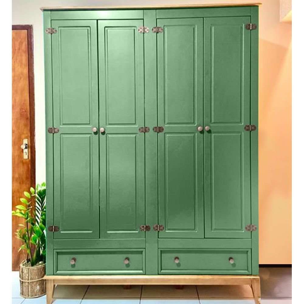 Guarda-Roupa Rústico 4 Portas e 2 Gavetas - Madeira Maciça e MDF - Verde