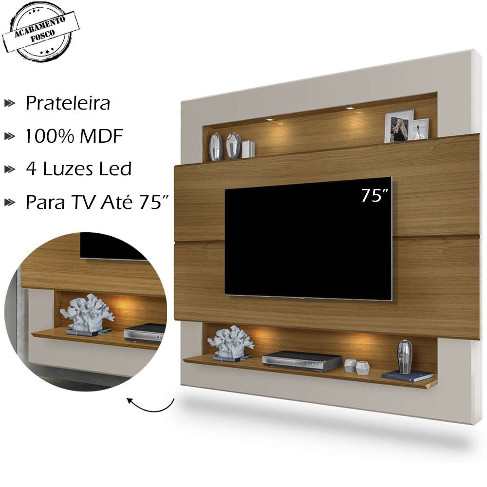 Painel TV 75 Pol 217 CM MDF 01506002 Carvalho New Off White LPA