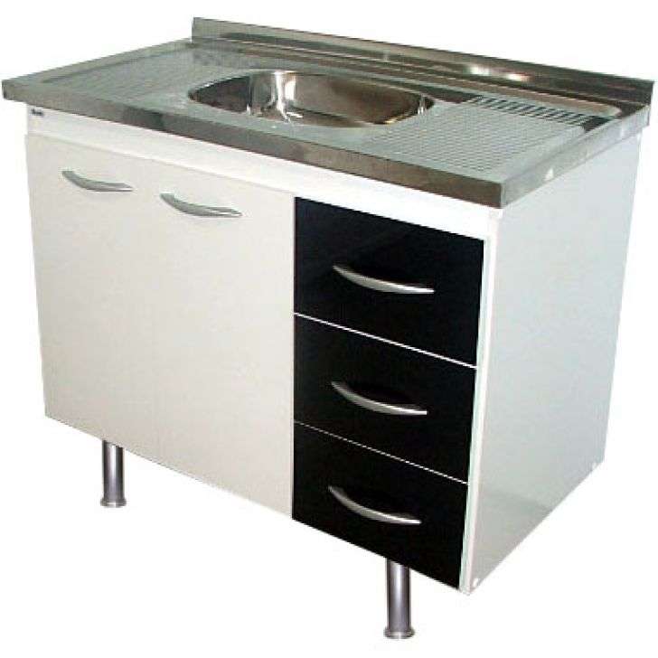 Balcão para Pia 100 com Tampo Inox Milano GPP10 Branco com Preto